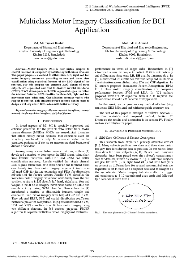 (PDF) Multiclass motor imagery classification for BCI application