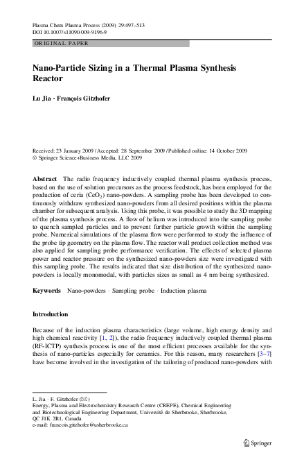 (PDF) Nano-Particle Sizing in a Thermal Plasma Synthesis Reactor