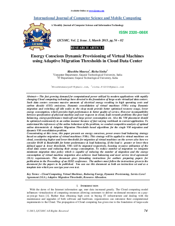 Pdf Energy Conscious Dynamic Provisioning Of Virtual Machines Using Adaptive Migration