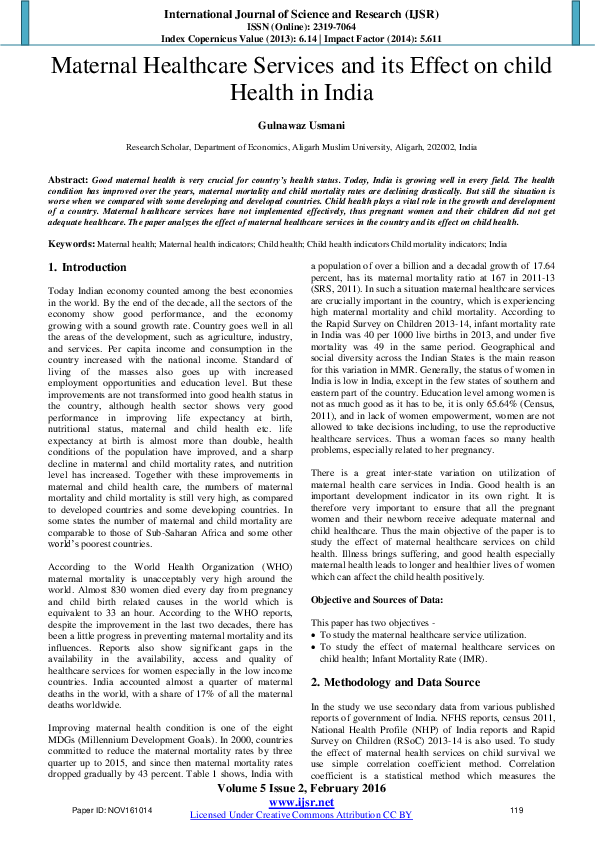 (PDF) Maternal Healthcare Services and its Effect on child Health in India