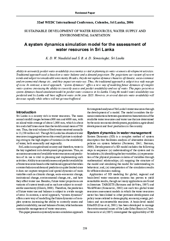 Pdf A System Dynamics Simulation Model For The Assessment Of Water