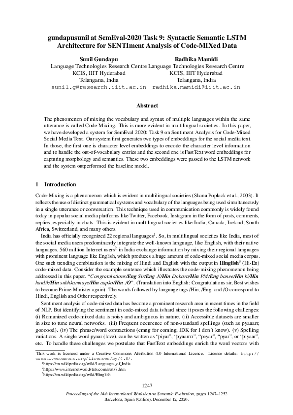 Pdf Gundapusunil At Semeval 2020 Task 9 Syntactic Semantic Lstm Architecture For Sentiment
