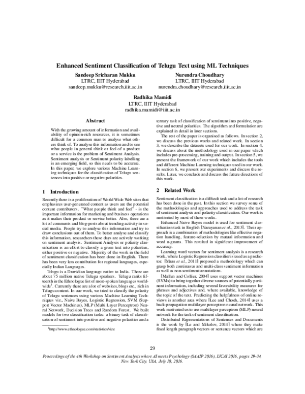 Pdf Enhanced Sentiment Classification Of Telugu Text Using Ml Techniques