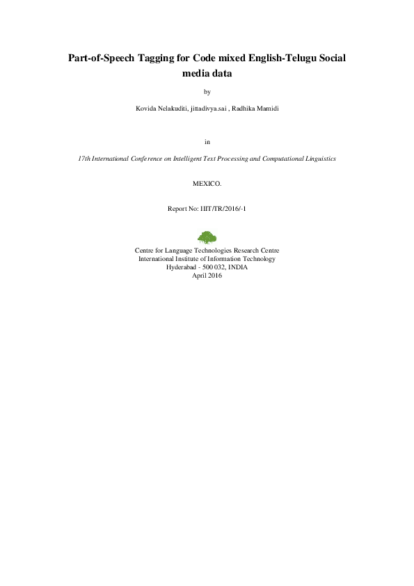 (PDF) Part-of-Speech Tagging for Code Mixed English-Telugu Social Media Data