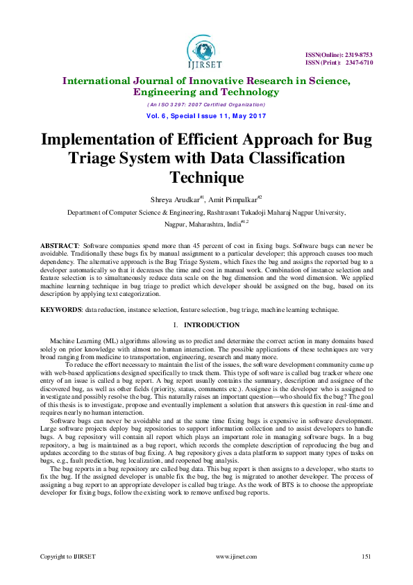 (PDF) Implementation of Efficient Approach for Bug Triage System with Data Classification Technique