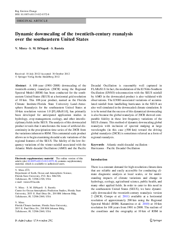 (PDF) Dynamic downscaling of the twentieth-century reanalysis over the ...