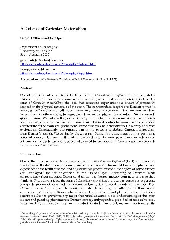 (PDF) A Defence of Cartesian Materialism