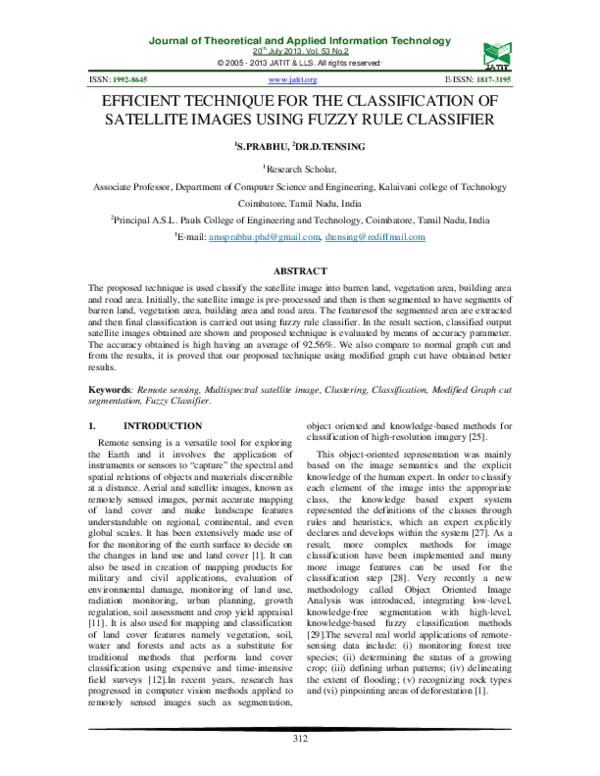 Pdf Efficient Technique For The Classification Of Satellite Images Using Fuzzy Rule Classifier