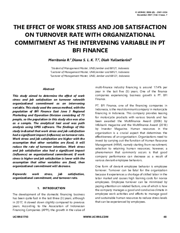 (PDF) THE EFFECT OF WORK STRESS AND JOB SATISFACTION ON TURNOVER RATE ...