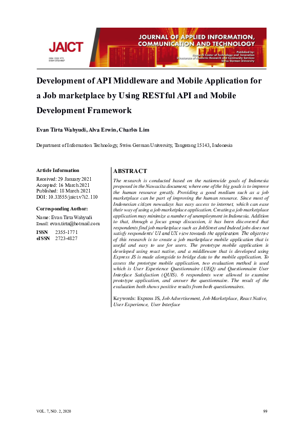 (PDF) Development of API Middleware and Mobile Application for a Job ...
