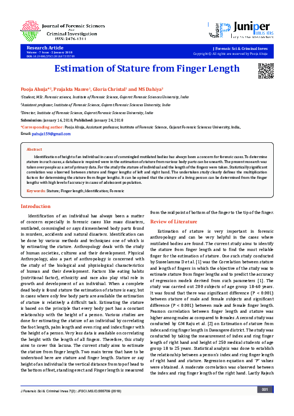 (PDF) Estimation of Stature from Finger Length