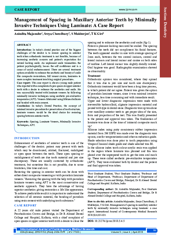 (PDF) Management of Spacing in Maxillary Anterior Teeth by Minimally ...