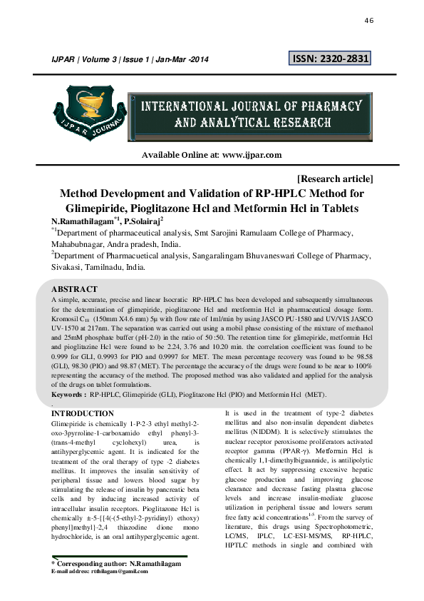 Pdf Method Development And Validation Of Rp Hplc Method For Simultaneous Estimation Of