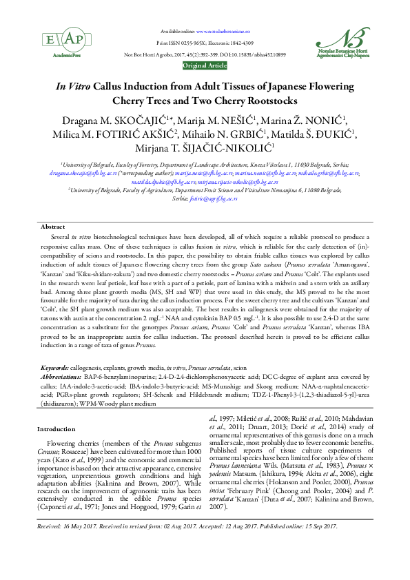(PDF) In Vitro Callus Induction from Adult Tissues of Japanese ...