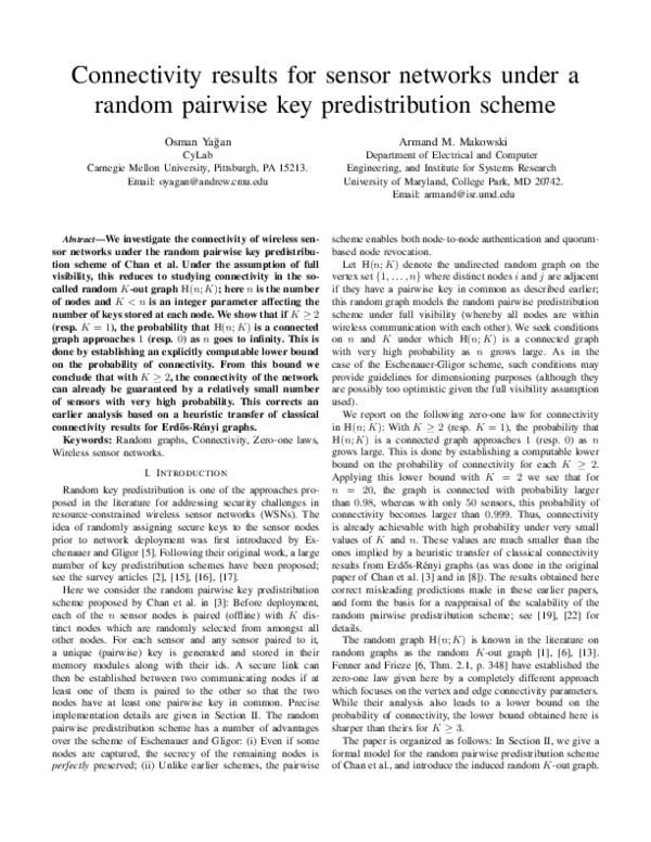 Pdf Connectivity Results For Sensor Networks Under A Random Pairwise Key Predistribution Scheme