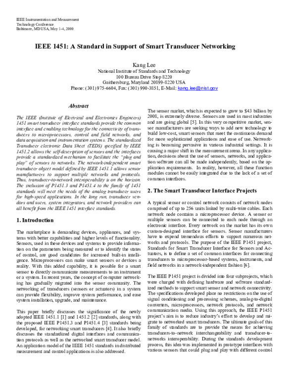 (PDF) IEEE 1451: A standard in support of smart transducer networking