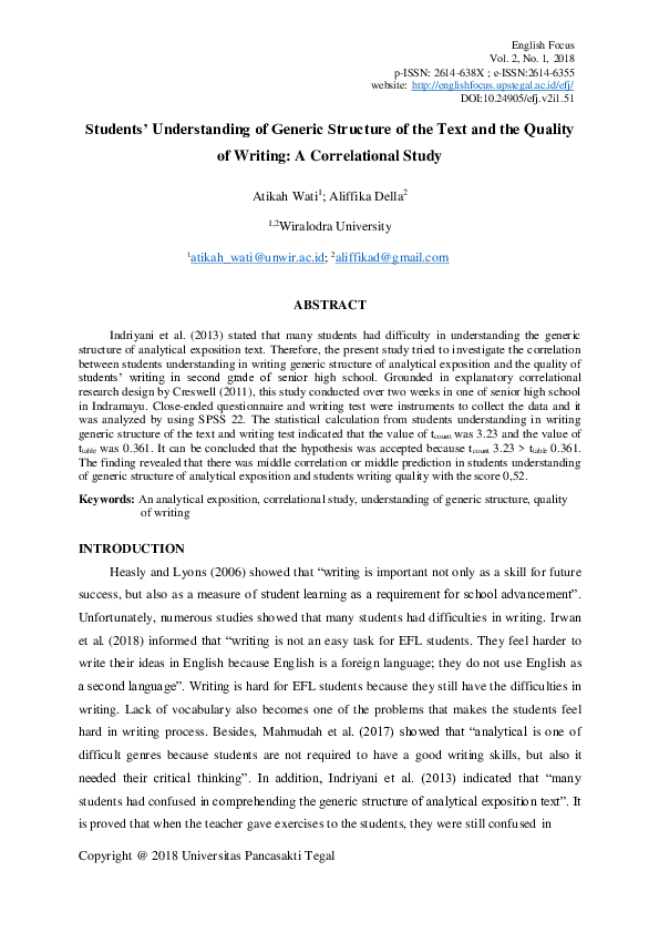 (PDF) Students’ Understanding of Generic Structure of the Text and the ...