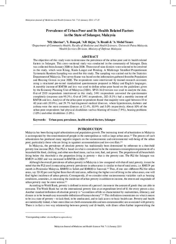 (PDF) Prevalence of urban poor and its health related factors in the ...