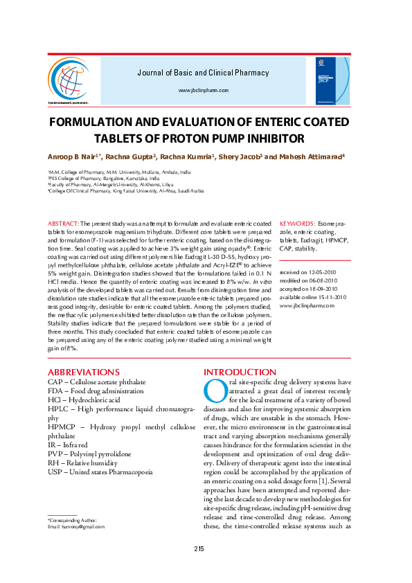 Pdf Formulation And Evaluation Of Enteric Coated Tablets Of Proton Pump Inhibitor Dr Shery