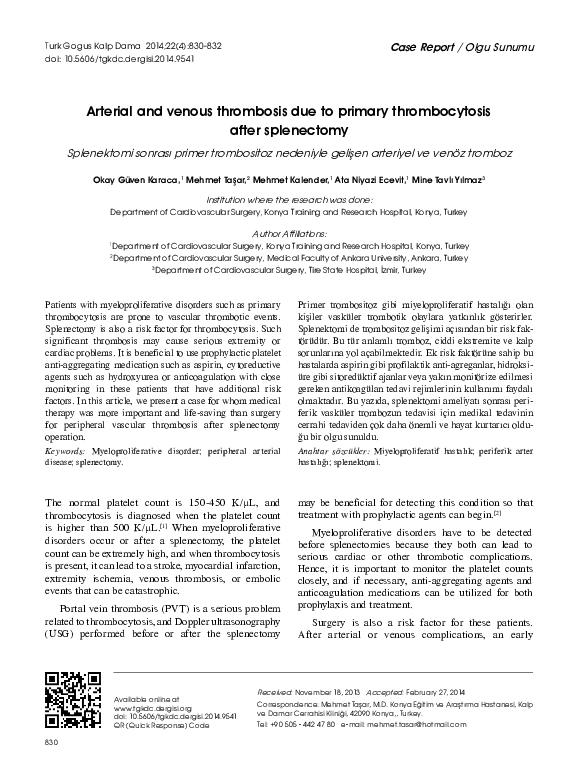 (PDF) Arterial and venous thrombosis due to primary thrombocytosis ...