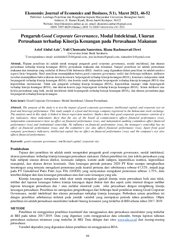 (PDF) Pengaruh Good Corporate Governance, Modal Intelektual, Ukuran ... (PDF) Pengaruh Good Corporate Governance, Modal Intelektual, Ukuran ...