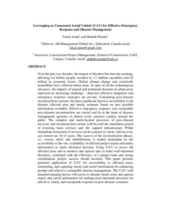 (PDF) Leveraging on Unmanned Aerial Vehicle ( UAV ) for Effective Emergency Response and ...