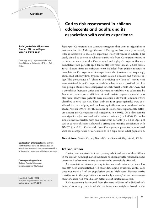 (PDF) Caries risk assessment in chilean adolescents and adults and its association with caries ...