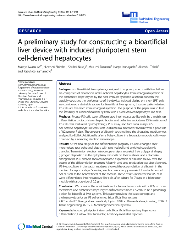 (PDF) A preliminary study for constructing a bioartificial liver device with induced pluripotent ...
