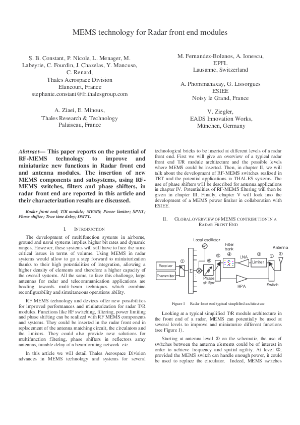 (PDF) MEMS technology for Radar front end modules