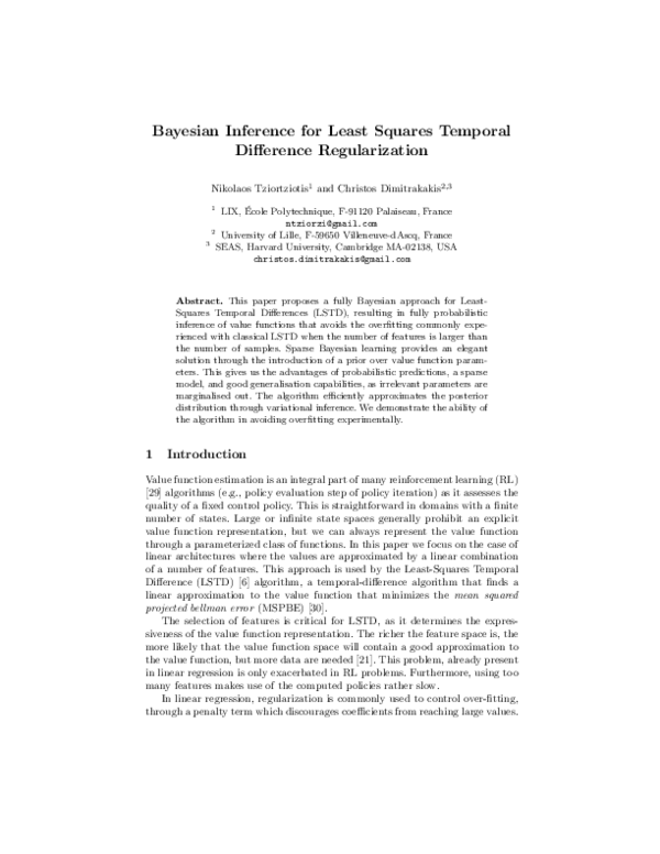 Pdf Bayesian Inference For Least Squares Temporal Difference Regularization