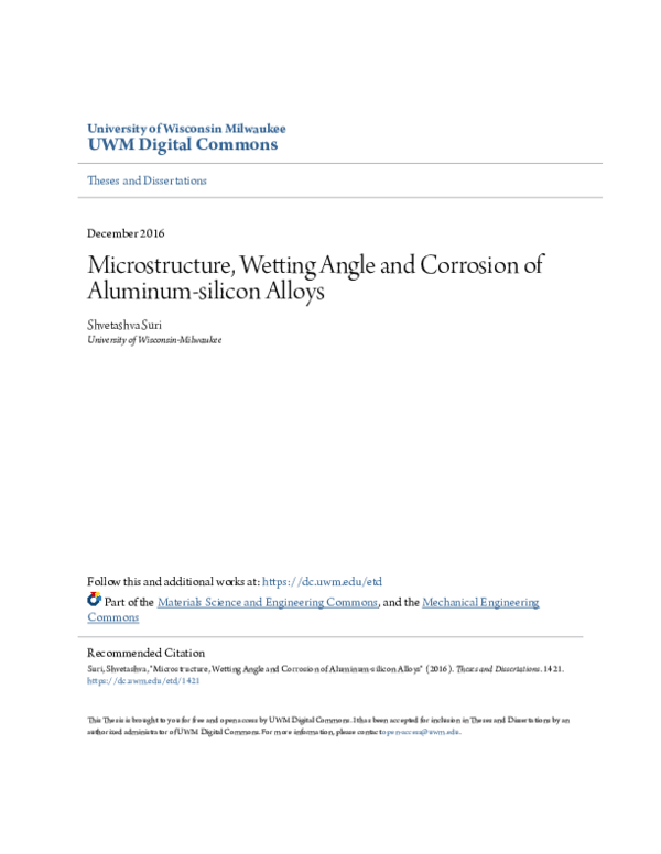(PDF) Microstructure, Wetting Angle and Corrosion of Aluminum-silicon ...
