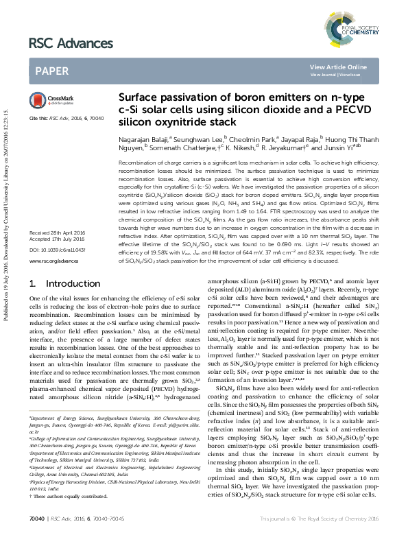 (PDF) Surface passivation of boron emitters on n-type c-Si solar cells using silicon dioxide and ...