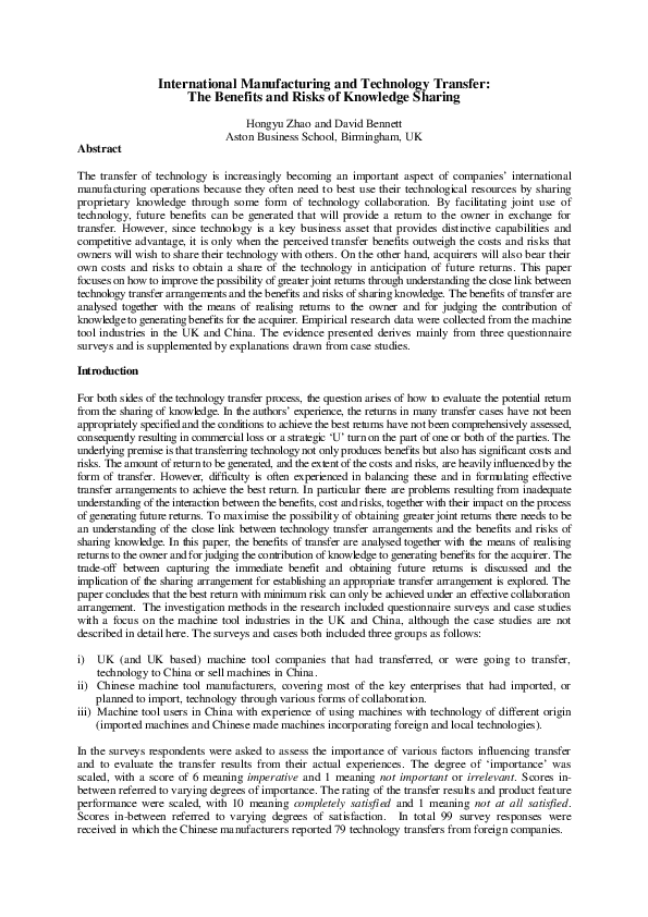 (PDF) International Manufacturing and Technology Transfer: The Benefits and Risks of Knowledge ...