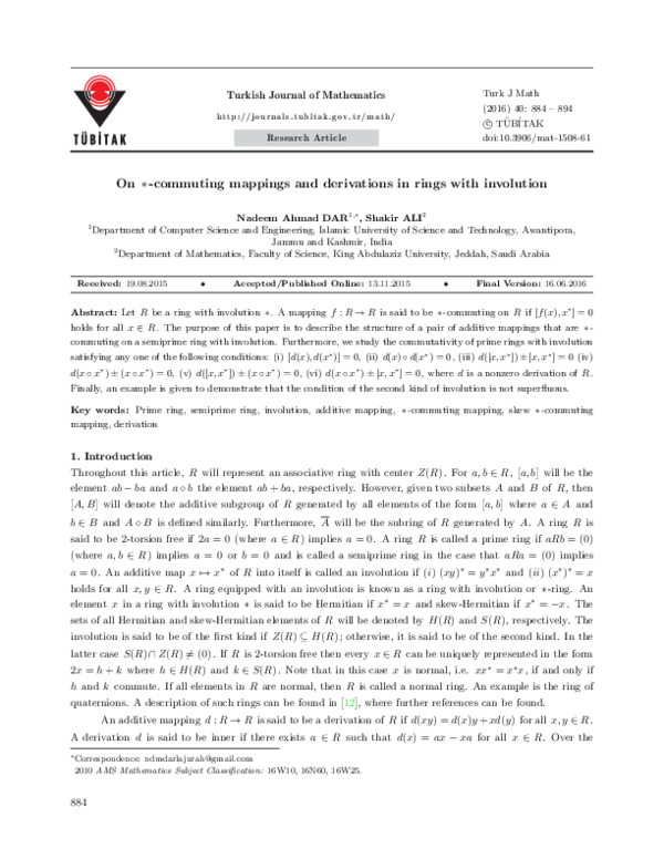 Pdf On Commuting Mappings And Derivations In Rings With Involution