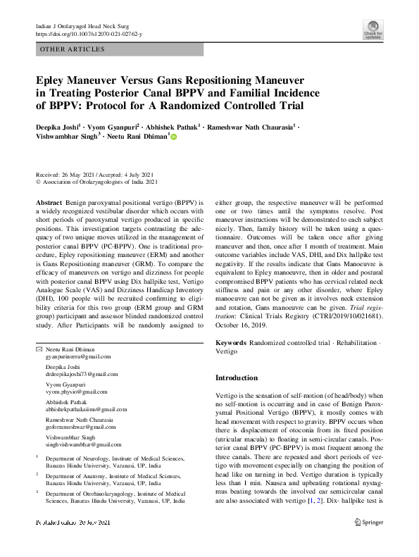 (PDF) Epley Maneuver Versus Gans Repositioning Maneuver in Treating ...