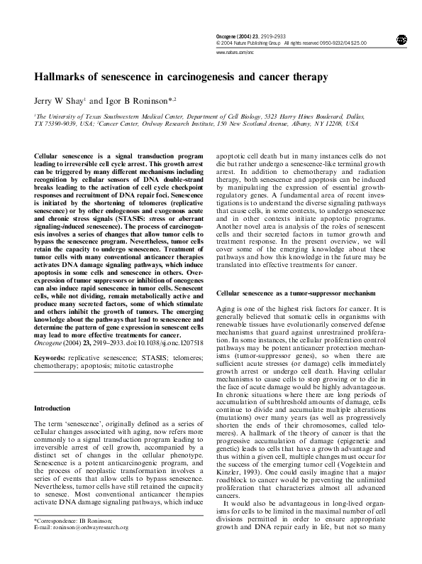 (PDF) Hallmarks of senescence in carcinogenesis and cancer therapy