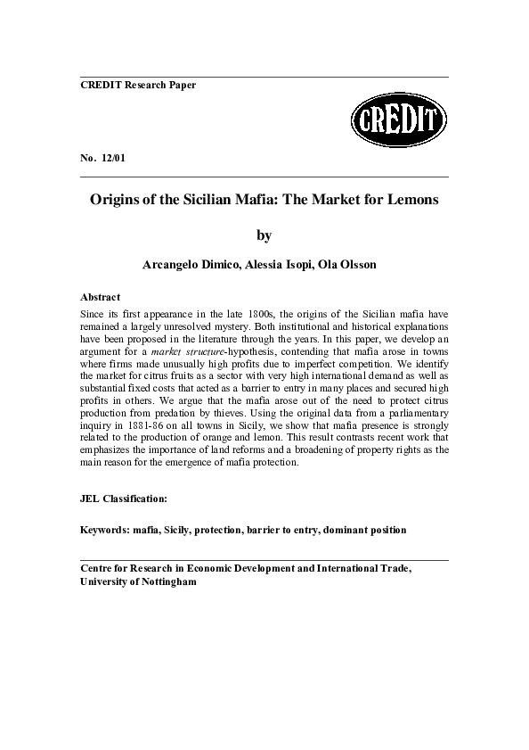 (PDF) No . 12 / 01 Origins of the Sicilian Mafia : The Market for ...