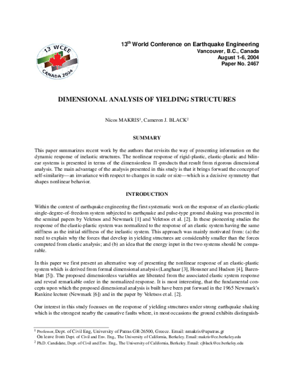 (PDF) Dimensional Analysis of Yielding Structures