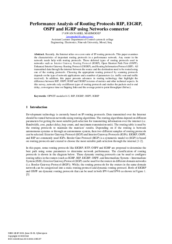 Pdf Performance Analysis Of Routing Protocols Rip Eigrp Ospf And Igrp Using Networks