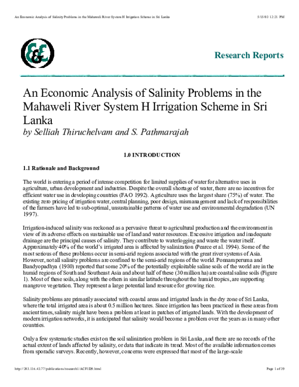 (PDF) An economic analysis of salinity problems in the Mahaweli River ...