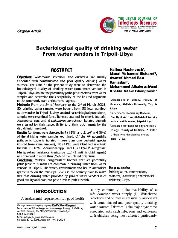 (PDF) Bacteriological quality of drinking water From water vendors in ...