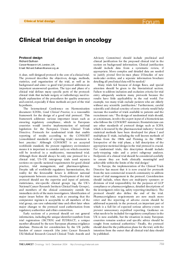(PDF) Clinical trial design in oncology: protocol design | Richard ...