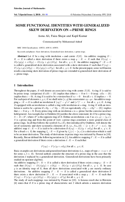 (PDF) Some Functional Identities with Generalized Skew Derivation on ⋆-Prime Rings