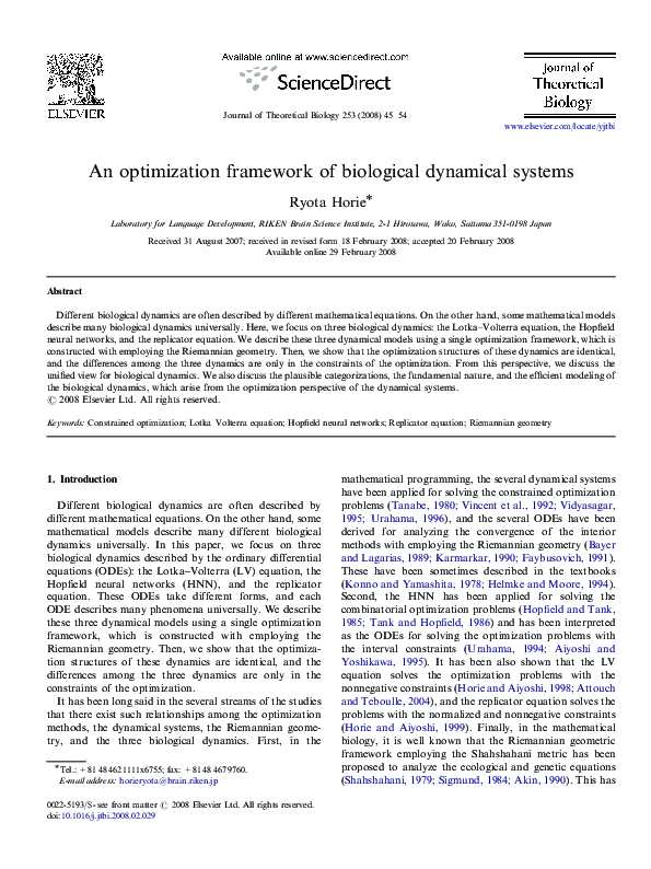 (PDF) An optimization framework of biological dynamical systems