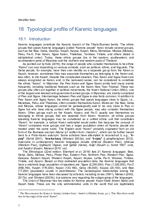 (PDF) Typological profile of Karenic languages (preprint version)