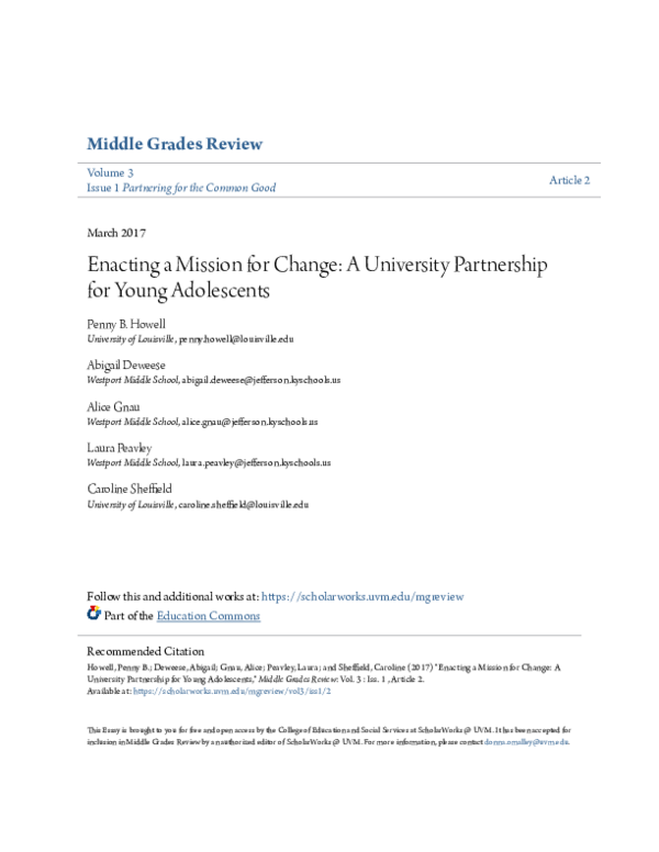 (PDF) Enacting a Mission for Change: A University Partnership for Young ...
