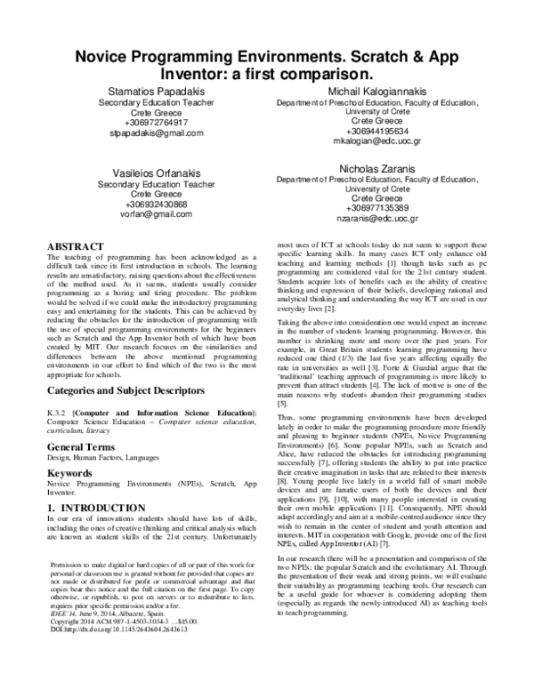 (PDF) Novice Programming Environments. Scratch and App Inventor (a first comparison)