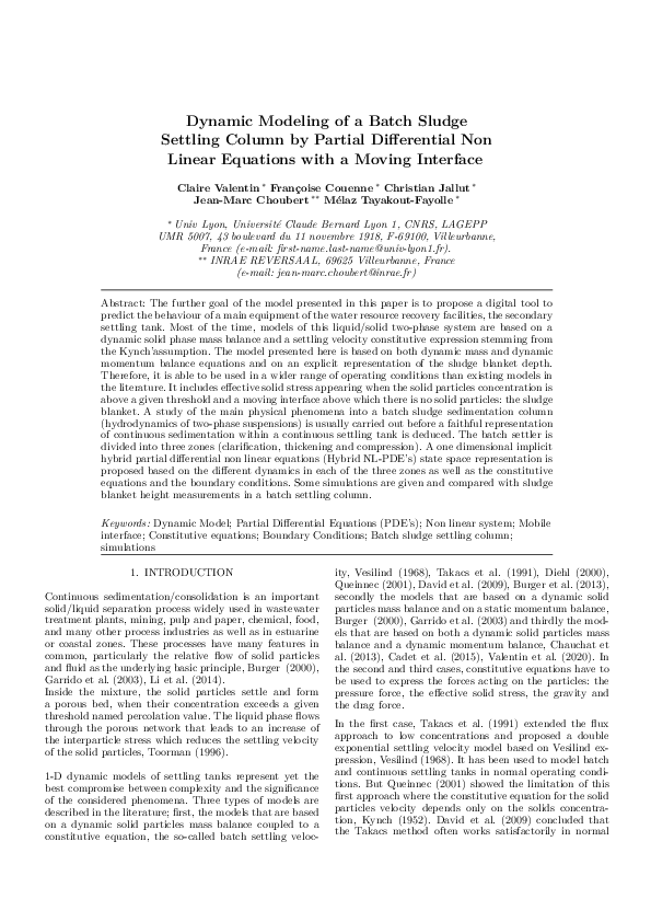 (PDF) Dynamic Modeling of a Batch Sludge Settling Column by Partial Differential Non Linear ...