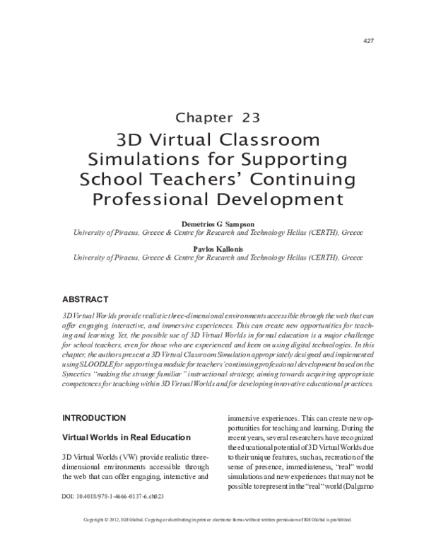 (PDF) 3D Virtual Classroom Simulations for supporting School Teachers ...