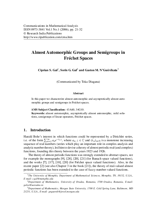 (PDF) Almost Automorphic Groups and Semigroups in Fréchet Spaces